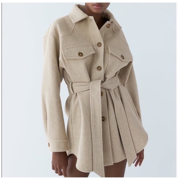 Zara | Jackets & Coats | Zara Belted Over Shirt Shirt Jacket Tan Size S ...